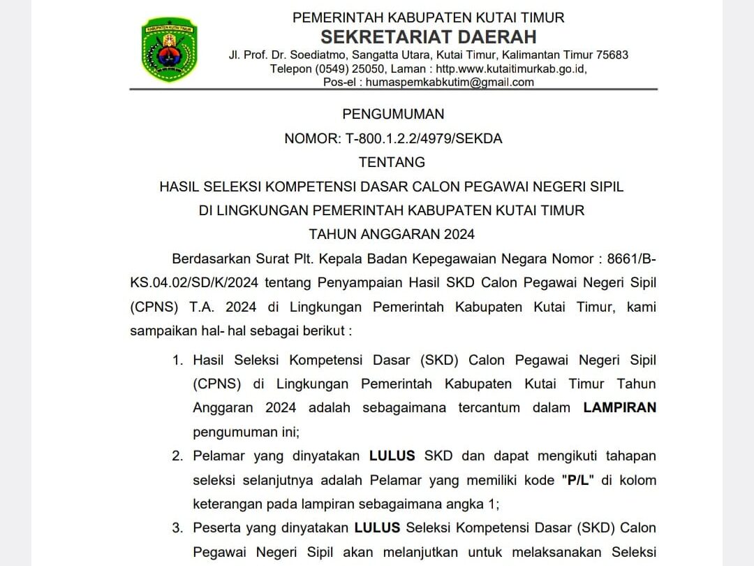 Hasil SKD CPNS Kutim 2024 Diumumkan, Berikut Tahapannya - pelitapost.com